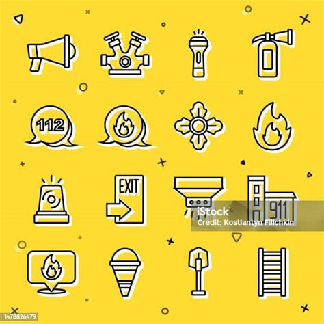 세트 라인 화재 탈출 소방서 건물 불꽃 손전등 긴급 전화 확성기 및 소방관 아이콘 벡터 건축하기에 대한 스톡 벡터 아트 및 기타 이미지 Istock