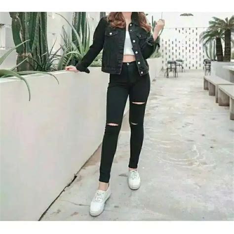 Jual Celana Hw Hitam Sobek Lutut Wanitacewek Ripped Knee Cut Bahan