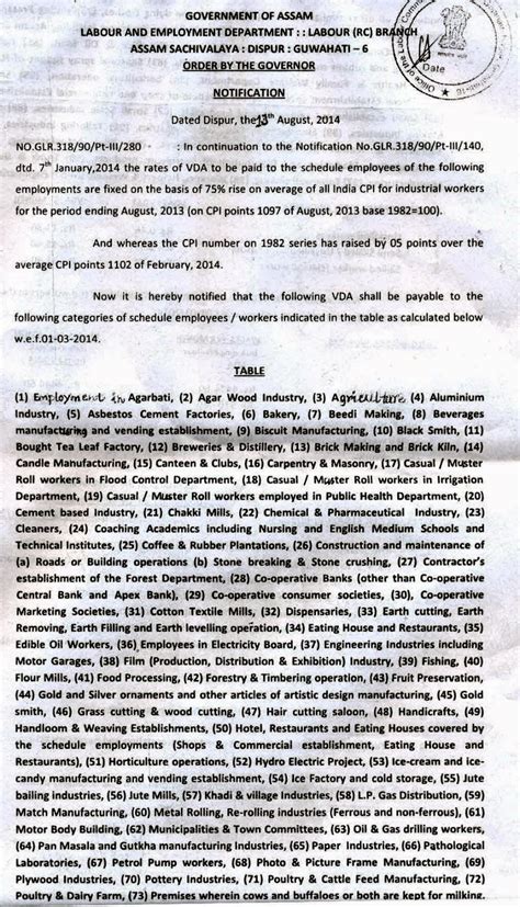 Assam Minimum Wages Notification Dated 13 August 2014 Wef 01 March 2014