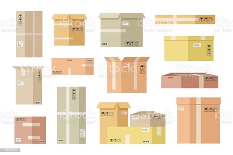플랫 골판지 상자 종이 상자 배송 패키지를 엽니다 상자 판지 배달 및 우편화물 소포 벡터 선박 및 스토리지 포장 세트 규모에 대한 스톡 벡터 아트 및 기타 이미지 Istock