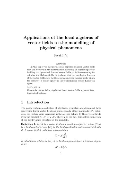 Pdf Applications Of The Local Algebras Of Vector Fields To The Modelling Of Physical Phenomena