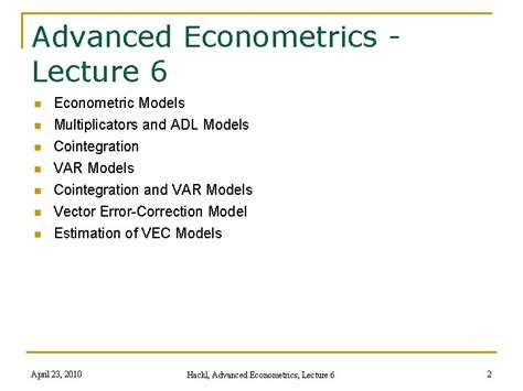 Advanced Econometrics Lecture 6 Multivariate Time Series Models