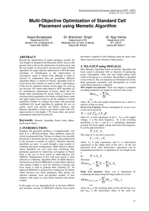 pdf multiobjective optimization of standard cell placement using memetic algorithm
