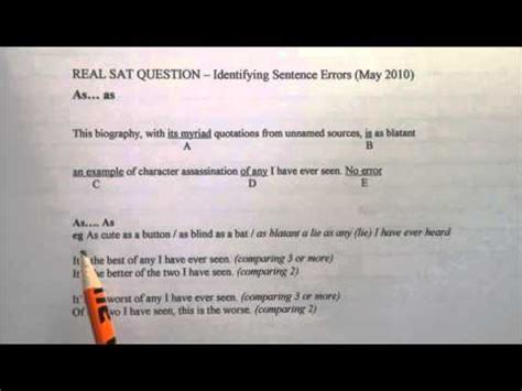 SAT Writing Identifying Sentence Errors 32 As As Real SAT Test 2010 YouTube