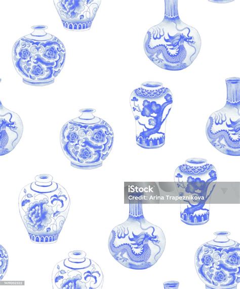 국화 모란 장미의 꽃다발이있는 푸른 중국 화병 전통적인 동양 상징으로 수채화로 칠해진 완벽한 패턴 중국 문화에 대한 스톡 벡터 아트 및 기타 이미지 Istock