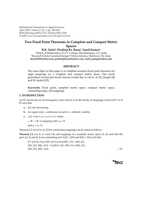 Pdf Two Fixed Point Theorems In Complete And Compact Metric Spaces