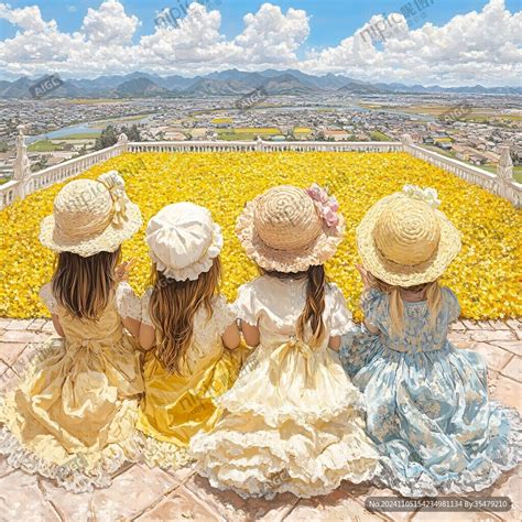 ai创作图金莲花广场插画 穿短裙戴草帽的小公主 戴草帽女孩挥手背影 葵花节合影道具 葵花节拍照合影道具 背影女孩花儿姑娘 女孩采葵花 花海里的