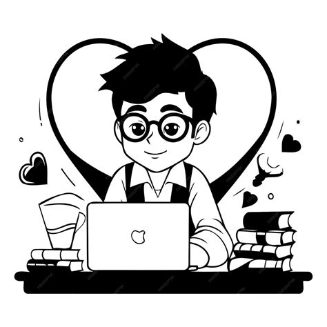 Chico Nerd Lindo Con Portátil Y Libros Ilustración De Dibujos Animados Vectorial Vector Premium
