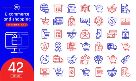 온라인 쇼핑 및 E상거래 라인 아이콘을 설정합니다 배너 모바일 응용 프로그램 웹 사이트에 적합 합니다 편집 가능한 스트로크 노트북에 대한 스톡 벡터 아트 및 기타 이미지