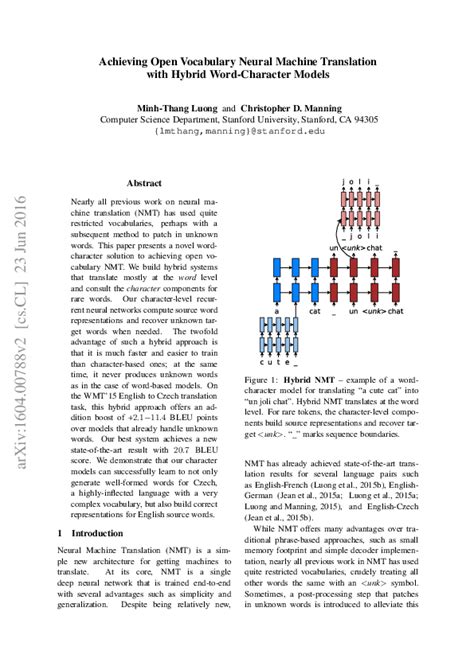 Pdf Achieving Open Vocabulary Neural Machine Translation With Hybrid Word Character Models