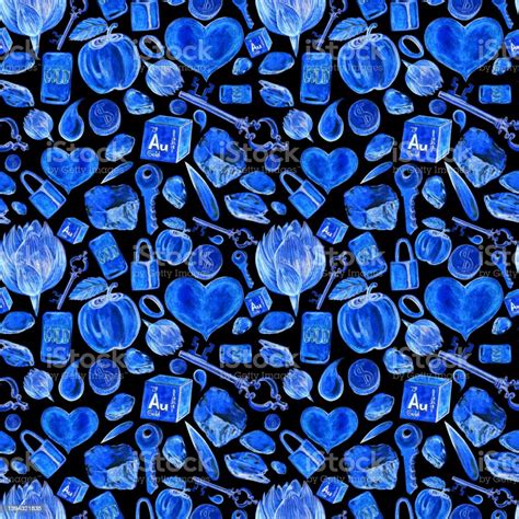 디자인을위한 어두운 배경에 네온 라이트에서 파란색 고급 물건의 수채화 패턴 개념에 대한 스톡 벡터 아트 및 기타 이미지 개념 고급 고풍스런 Istock