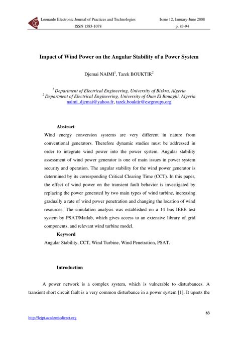 PDF Impact Of Wind Power On The Angular Stability Of A Power System