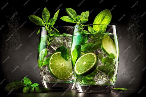 Полный стакан приятных освежающих коктейлей мохито с листьями лайма и ...
