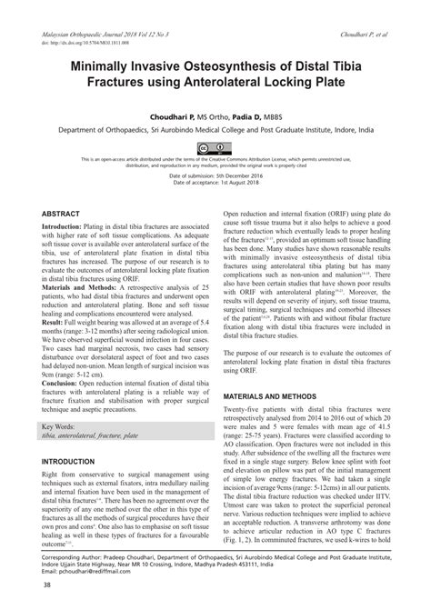 Pdf Minimally Invasive Osteosynthesis Of Distal Tibia Fractures Using Anterolateral Locking Plate