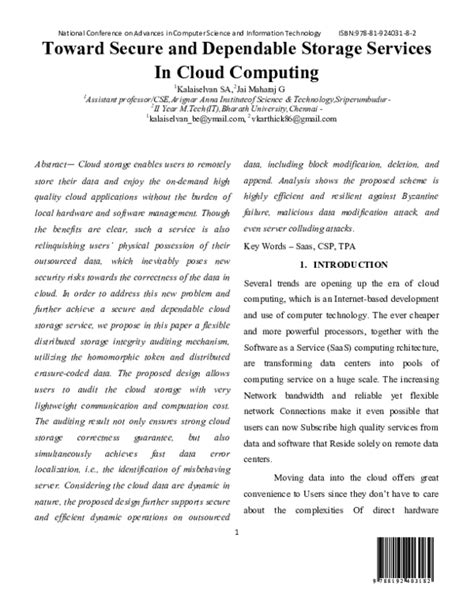 Pdf Toward Secure And Dependable Storage Services In Cloud Computing