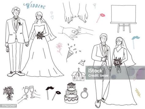 흑백 모노톤 라인 드로잉의 그림 결혼식 커플 초대장 반지 행복 결혼식에 대한 스톡 벡터 아트 및 기타 이미지 결혼식 라인아트 일러스트레이션 Istock