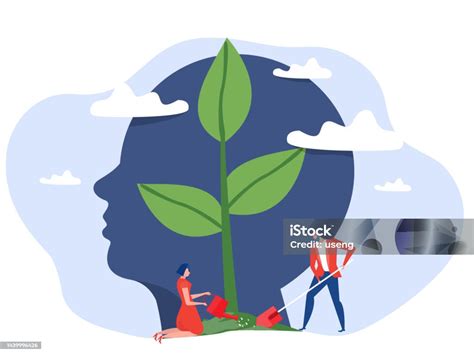 뇌에서 식물에 물을주는 사람들은 성장 마인드셋 자기 개선과 자기 개선 아이디어 개념 벡터를 생각합니다 개념에 대한 스톡 벡터