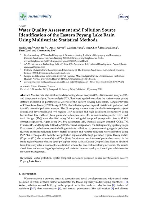 Pdf Water Quality Assessment And Pollution Source Identification Of The Eastern Poyang Lake