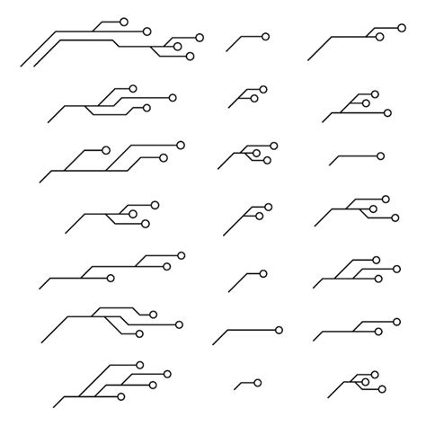 흰색 배경에 격리된 인쇄 회로 기판 Pcb 트랙 끝에 선과 링이 있는 기술 클립 아트 디자인 디자인 요소용 디바이더 프리미엄 벡터