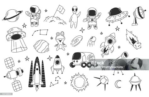 우주 로켓 외계인 우주선 라인 스케치 디자인 요소 추상 세트 우주선에 대한 스톡 벡터 아트 및 기타 이미지 우주선 모험 외계인 Istock