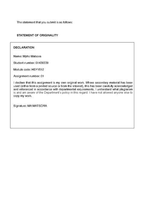 Hys1512 Assignment 01 The Statement That You Submit Is As Follows Statement Of Originality