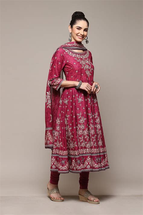 Crimson Red Cotton Anarkali Printed Kurta Churidar Suit Set