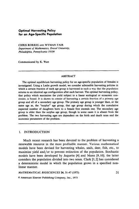 Pdf Optimal Harvesting Policy For An Age Specific Population