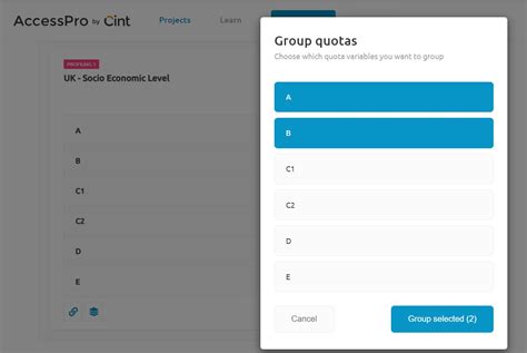 grouping of quotas access pro cint access support