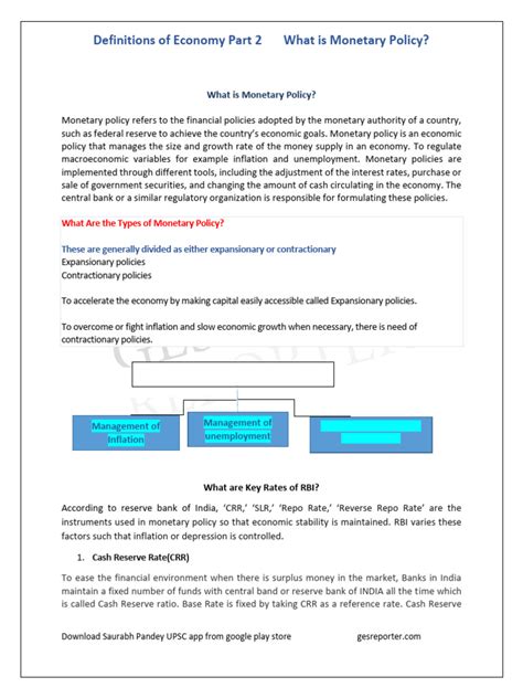 What Is Monetary Policy Crr Slr Repo Rate Reverse Repo Rate Pdf Monetary Policy