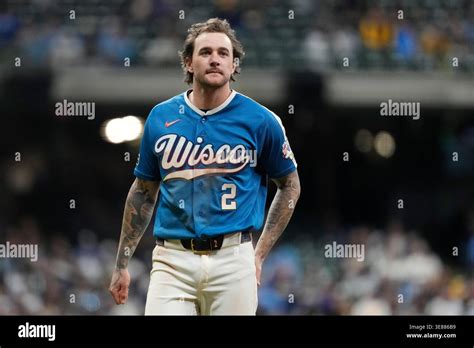 Milwaukee Brewers Brice Turang Looks On During A Baseball Game Against