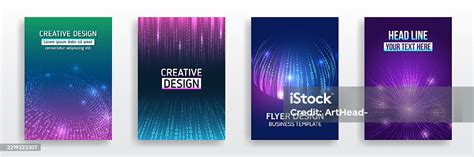 바이너리 코드 빛나는 데이터 구체 및 디지털 효과가 있는 미래 지향적인 전단지 및 브로셔 템플릿 세트입니다 기술 프레젠테이션