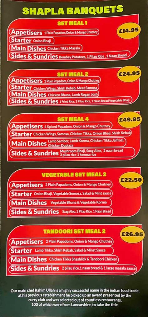 Shapla Indian Takeaway Full Menu Online