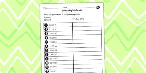 Understanding Different Date Formats Worksheet