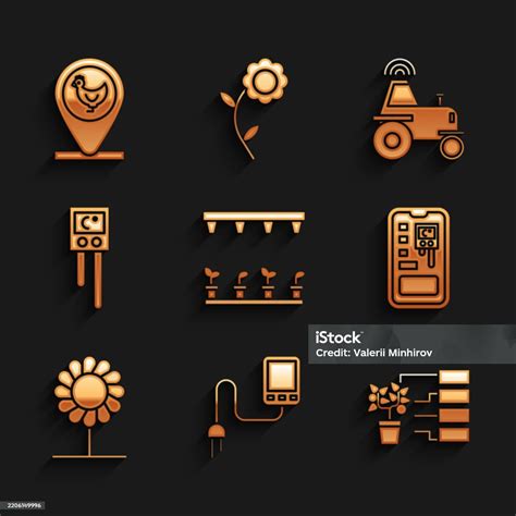 자동 관개 스프링클러 센서 꽃 분석 스마트 제어 농업 시스템 온도 및 습도 센서 무선 트랙터 스마트 및 닭 위치 아이콘을 설정합니다 벡터 감지기에 대한 스톡 벡터 아트 및