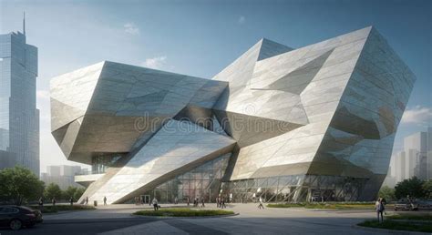 futuristic architectural structure with angular overlapping blocks