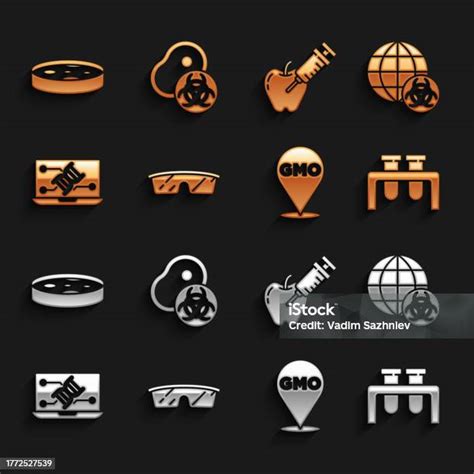 실험실 안경 Gmo 시험관 및 플라스크 유전 공학 변형 유전자 변형 사과 박테리아와 고기 아이콘이 있는 페트리 접시를 설정합니다 벡터 Dna에 대한 스톡 벡터 아트 및 기타