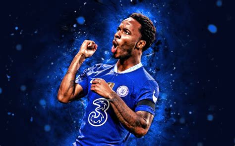 다운로드 4k 라힘 스털링 2022년 파란색 네온 불빛 첼시 Fc 프리미어 리그 축구 크로아티아 축구 선수 라힘 스털링 4k 블루 추상적 인 배경 라힘