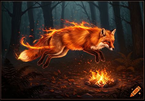 A Magical Fiery Fox Leaps Over A Campfire In A Dark Forest At Night