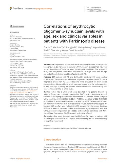 Pdf Correlations Of Erythrocytic Oligomer α Synuclein Levels With Age Sex And Clinical