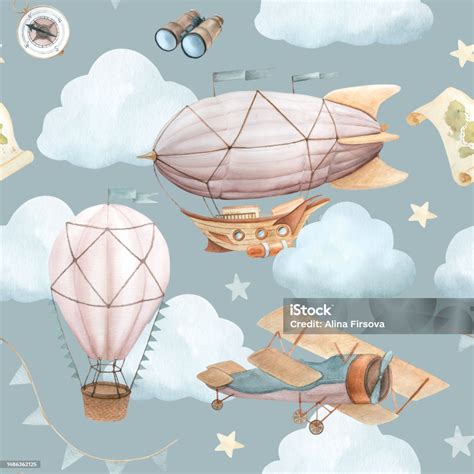 빈티지 귀여운 동화 만화 구름 복고풍 비행기 뜨거운 공기 풍선 에어로스트와 파란 깃발 쌍안경 나침반 지도 파란색 배경에 노란 별이 있는 수채화 매끄러운 패턴 0명에 대한