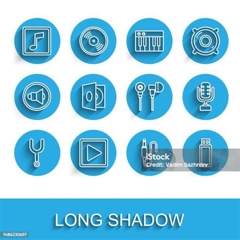 라인 뮤지컬 소리굽쇠 설정 정사각형 재생 음표 톤 오디오 잭 Usb 플래시 드라이브 비닐 디스크가 있는 비닐 플레이어 마이크 및 에어 헤드폰 아이콘 벡터 Usb 케이블에