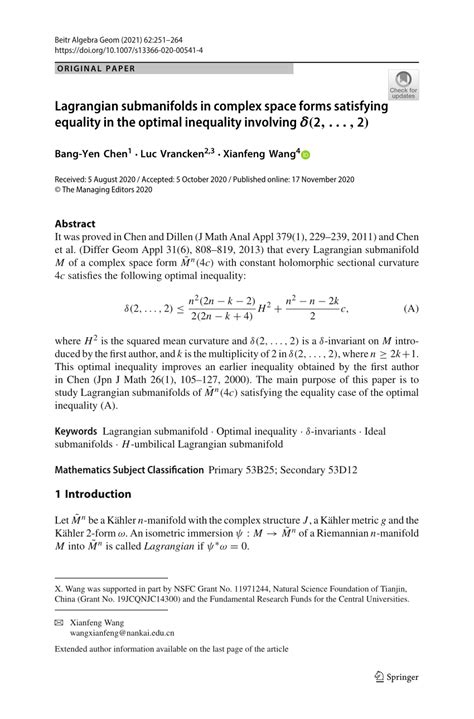 Pdf Lagrangian Submanifolds In Complex Space Forms Satisfying Equality In The Optimal