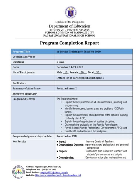 Completion Report Inset Pdf Learning Behavior Modification