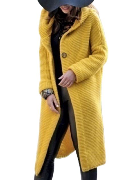 Casual Solid Color Hooded Button Plus Size Long Cardigan Long Cable