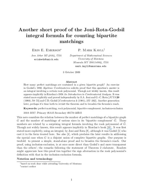 Pdf Another Short Proof Of The Joni Rota Godsil Integral Formula For