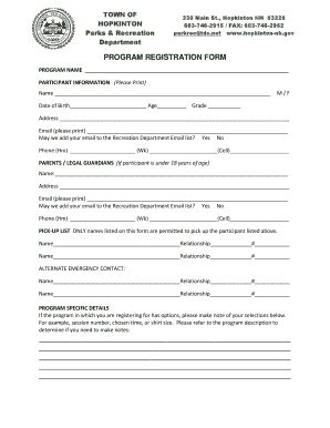 Fillable Online Hopkinton Nh PROGRAM REGISTRATION FORM Hopkinton NH Hopkinton Nh Fax Email