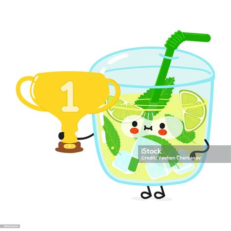 귀여운 재미있는 모히토는 금 트로피 컵을 들고 있습니다 벡터 손으로 그린 만화 카와이 캐릭터 일러스트 레이 션 아이콘 흰색 배경에 고립되어 있습니다 우승 트로피 컵을 가진