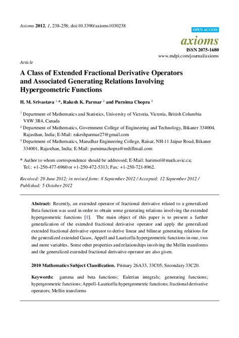Pdf A Class Of Extended Fractional Derivative Operators And Associated Generating Relations