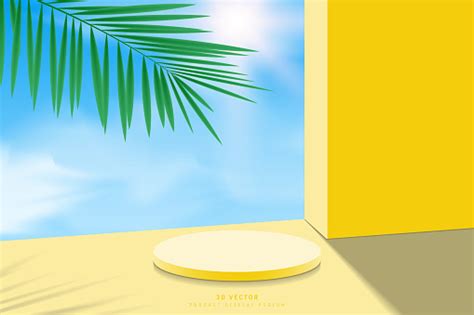 3d 노란색 실린더 연단 받침대는 하늘 태양 구름 배경 벽과 야자수 코코넛 잎으로 현실적입니다 제품 모형을 위한 최소한의 장면 쇼케이스를 위한 무대 추상 3d 벡터 기하학적