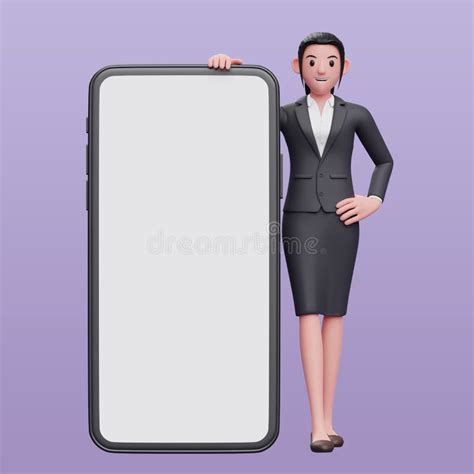Business Woman In Formal Suit Standing Next To Big Phone With Legs